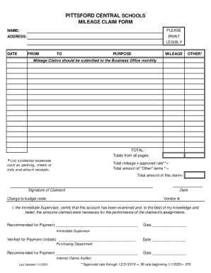 Fillable Online Washingtonville Central School District Mileage Claim ...