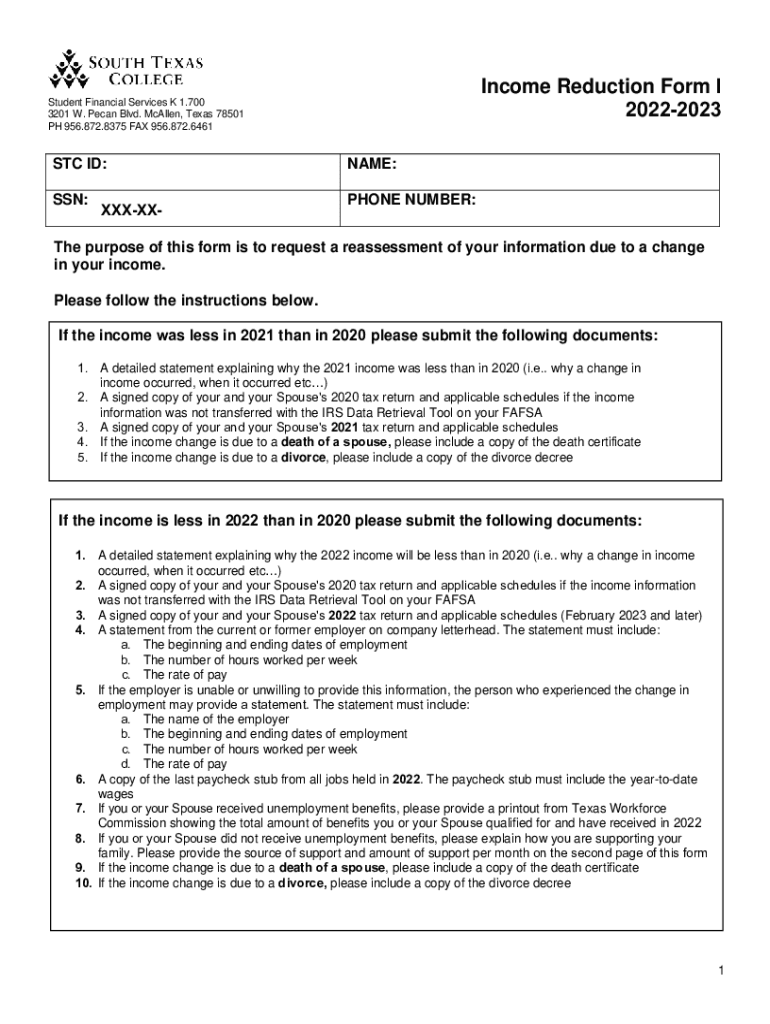 Fillable Online studentservices southtexascollege 2223 INCOME REDUCTION ...