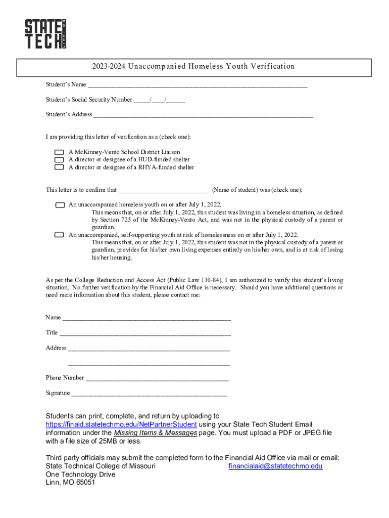 Fillable Online Sample Homeless And Unaccompanied Youth Verification ...