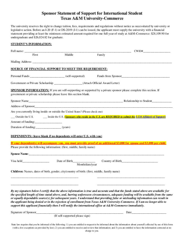 Fillable Online Sponsor Statement of Support for International Student ...