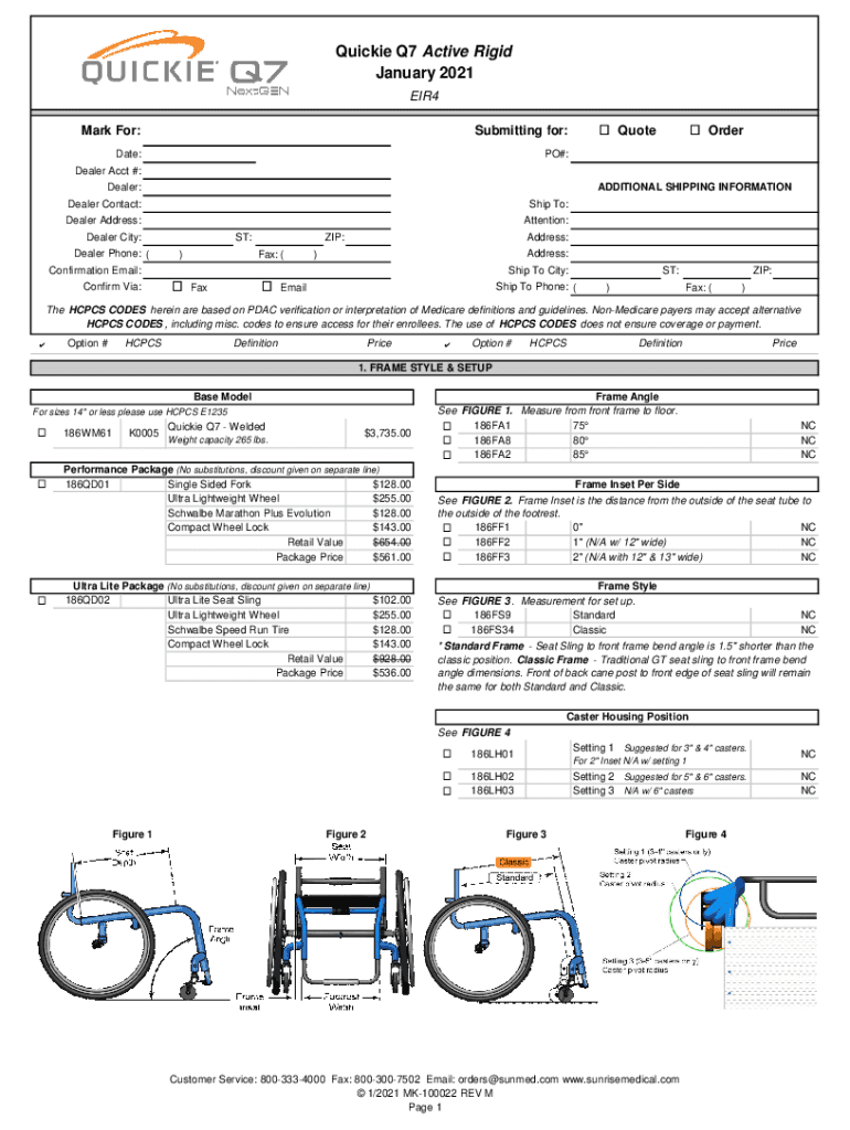 Fillable Online Quickie Q7 Ultralight Rigid Wheelchair Order Form Fax ...