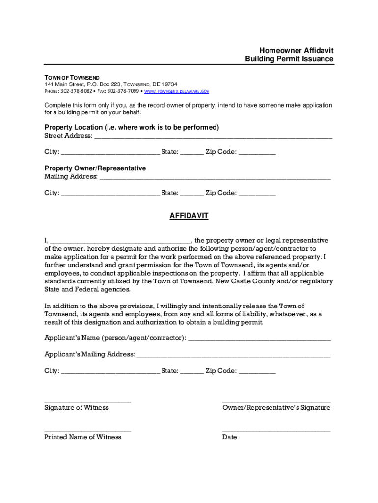 Fillable Online Homeowner Affidavit Building Permit Issuance - Townsend ...