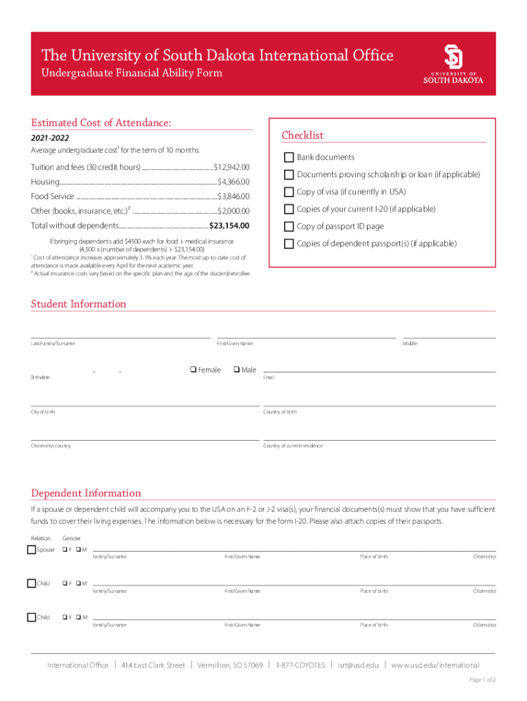 Fillable Online The University of South Dakota International Office ...