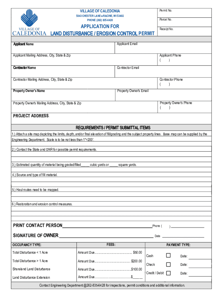 Fillable Online APPLICATION FOR LAND DISTURBANCE / EROSION ... Fax ...