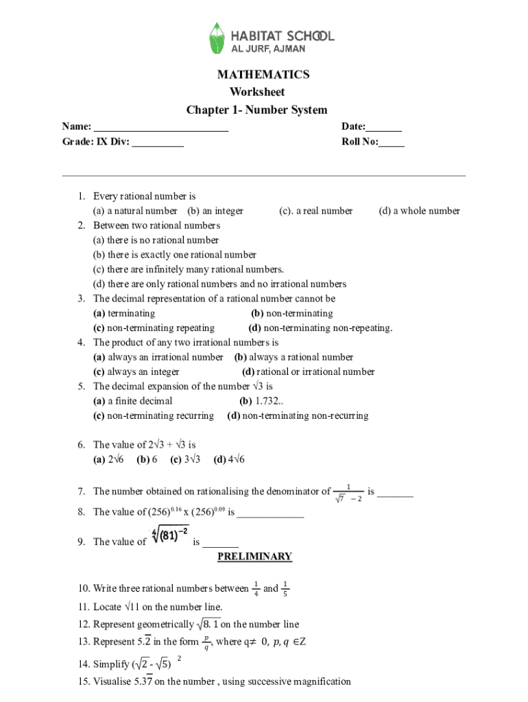Fillable Online mathematics worksheet - class ix - chapter 1: number ...