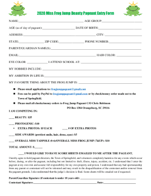 Fillable Online 2020 Miss Frog Jump Beauty Pageant Entry Form Fax Email ...