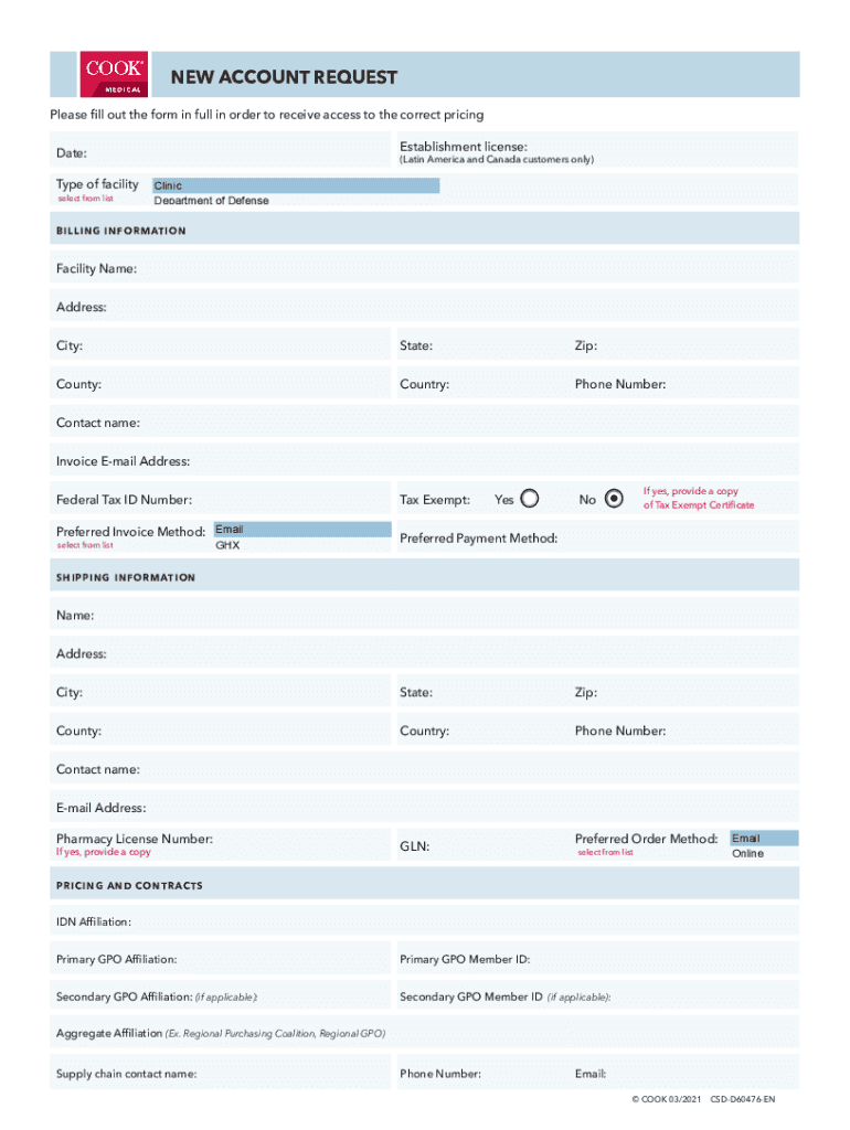 Fillable Online NEW ACCOUNT REQUEST - Cook Medical Fax Email Print ...