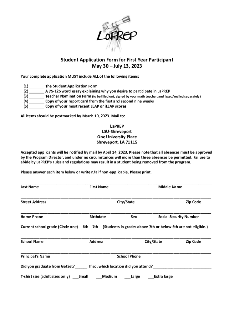 Fillable Online Student Application Form for First Year Participant May ...