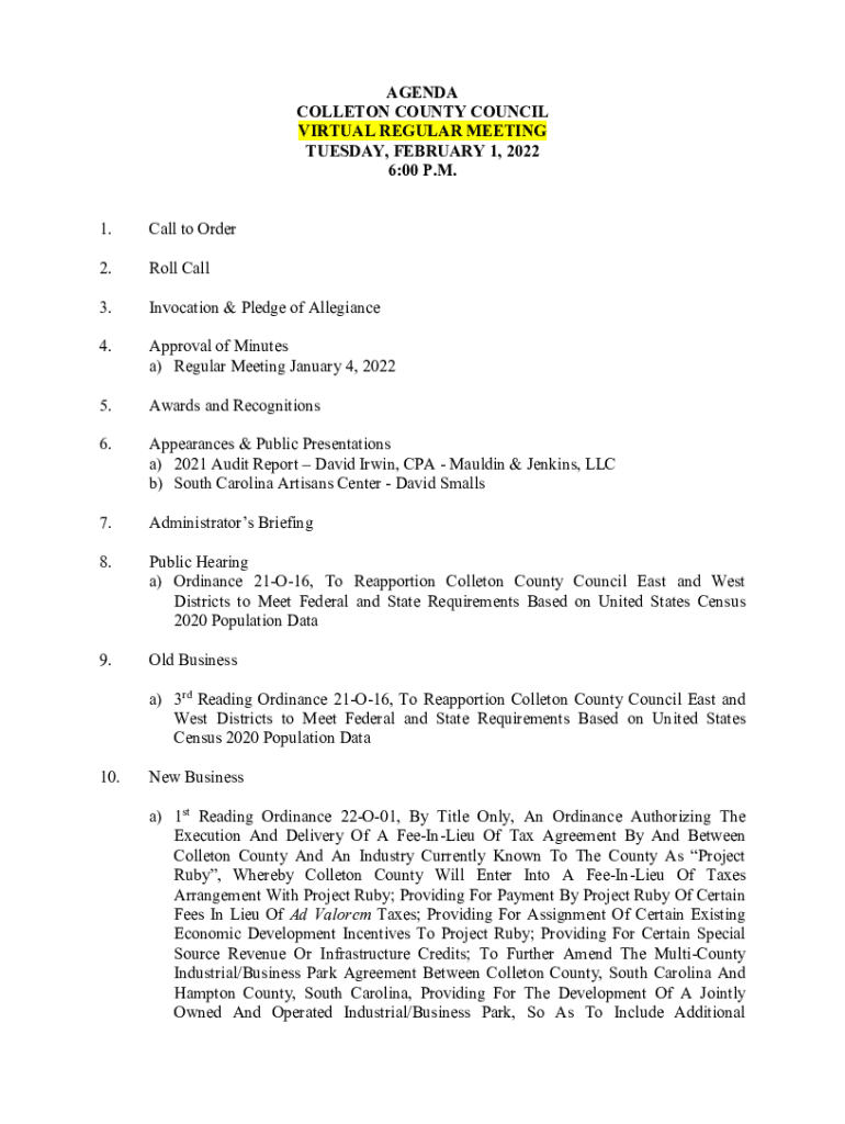 Fillable Online Agenda Colleton County Council Fax Email Print - pdfFiller