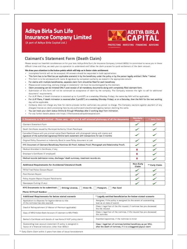 Fillable Online Claimant's Statement Form (Death Claim) - Birla Sun Life Fax Email Print - pdfFiller