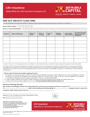 Fillable Online Gratuity Claim Form - Non ULIP.cdr - Aditya Birla ...