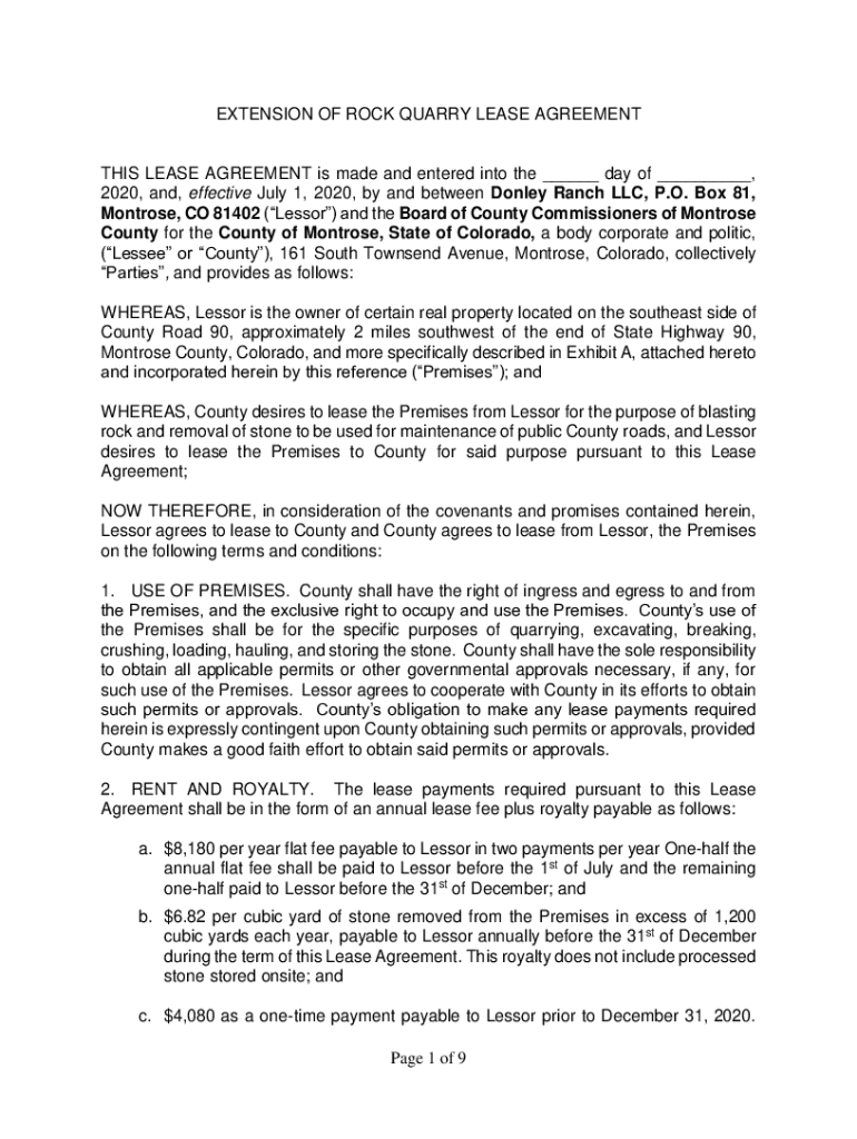 Fillable Online Page 1 of 9 EXTENSION OF ROCK QUARRY LEASE AGREEMENT ...