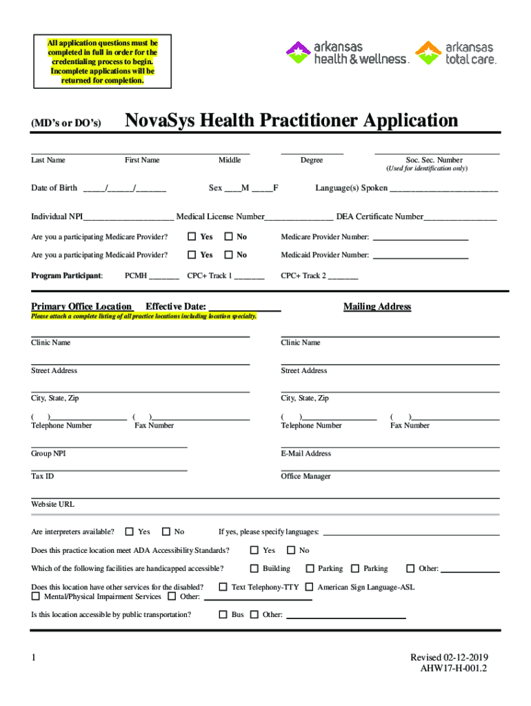 Fillable Online AHW-NovaSys Health Practitioner Application (MD's or DO ...