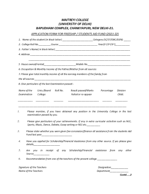 Fillable Online maitreyi ac Application Form for Freeship/Student-Aid ...