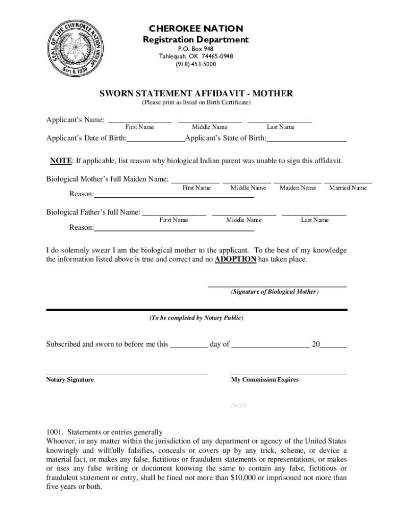 Fillable Online SWORN STATEMENT AFFIDAVIT - MOTHER CHEROKEE NATION ...