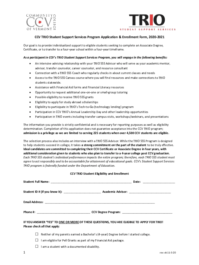 Fillable Online 1 CCV TRIO Student Support Services Program Application ...