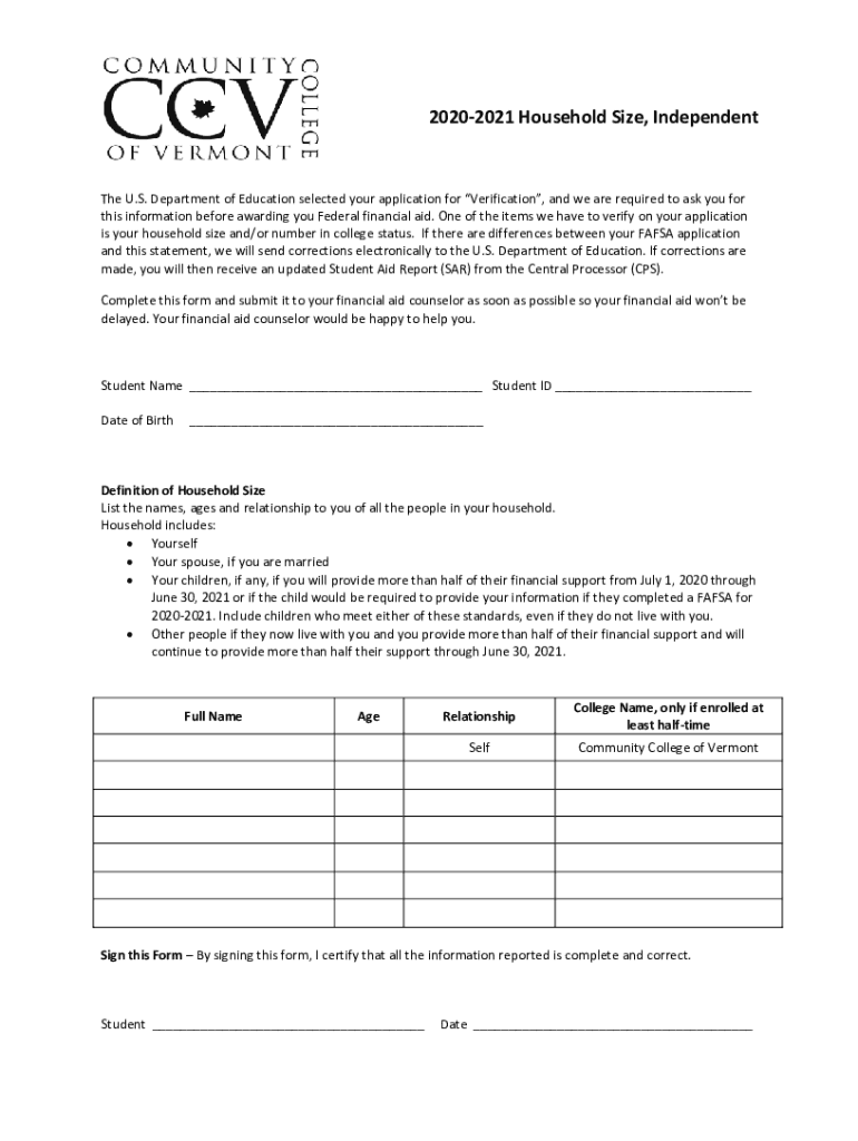Fillable Online 20202021 Verification Household Size and Number in ...