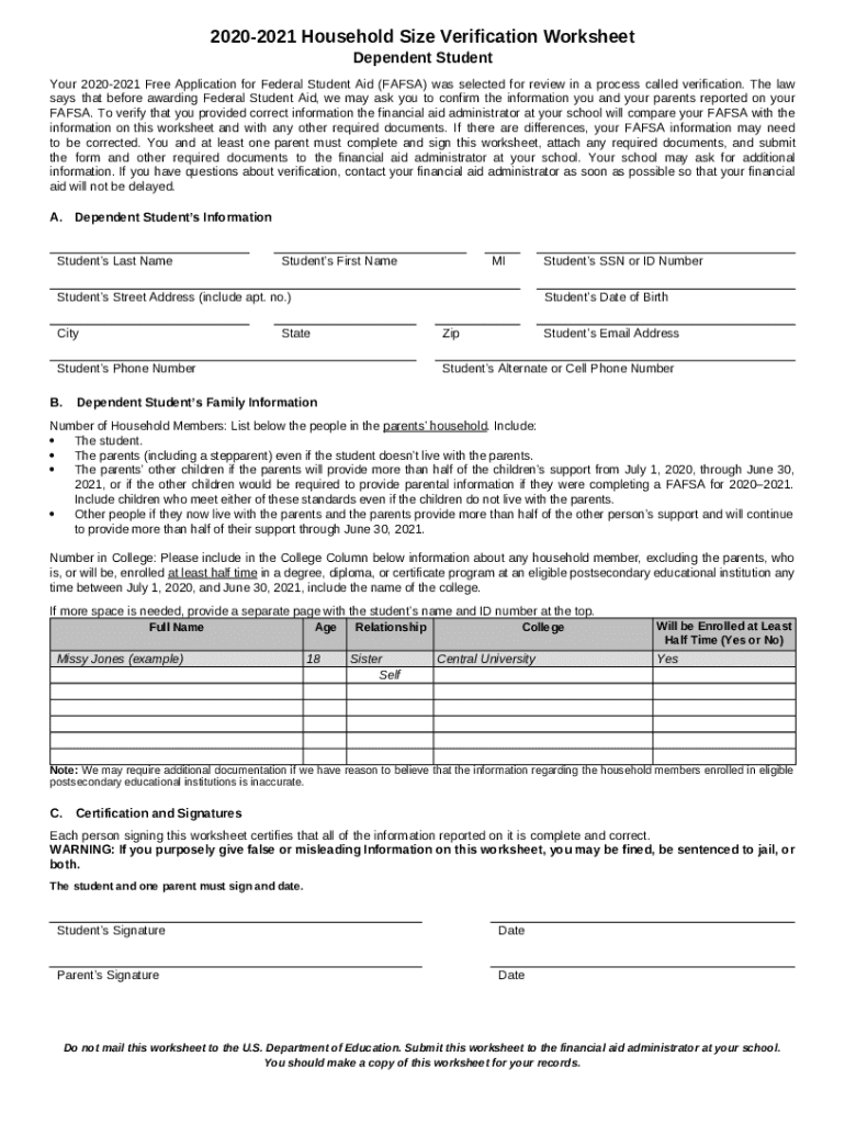 Fill - Free 20202021 Household Size Verification- Dependent ... Doc ...