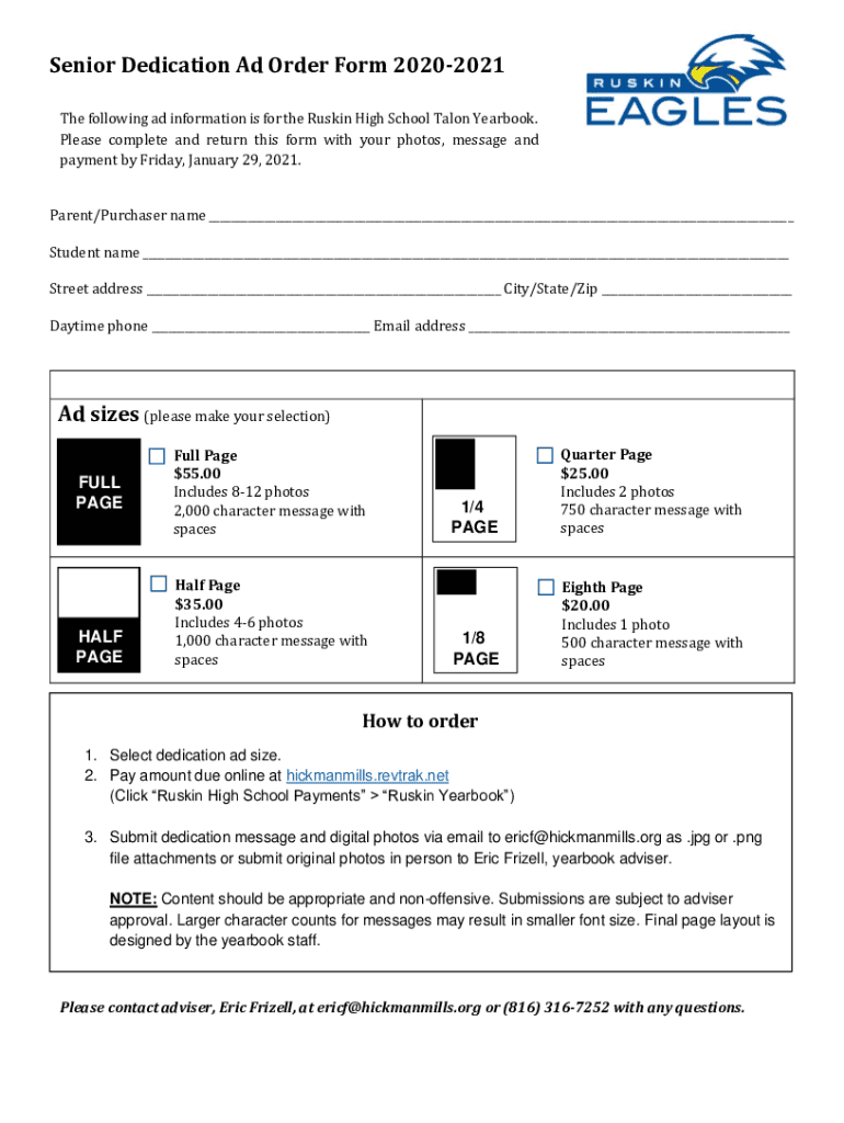 Fillable Online Senior Dedication Ad Order Form 2020-2021 Fax Email Print - pdfFiller