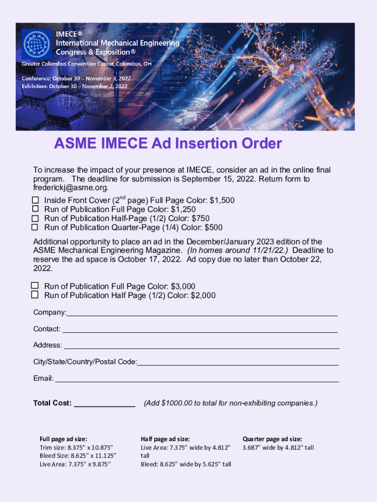 Fillable Online ASME IMECE Ad Insertion Order Fax Email Print - pdfFiller