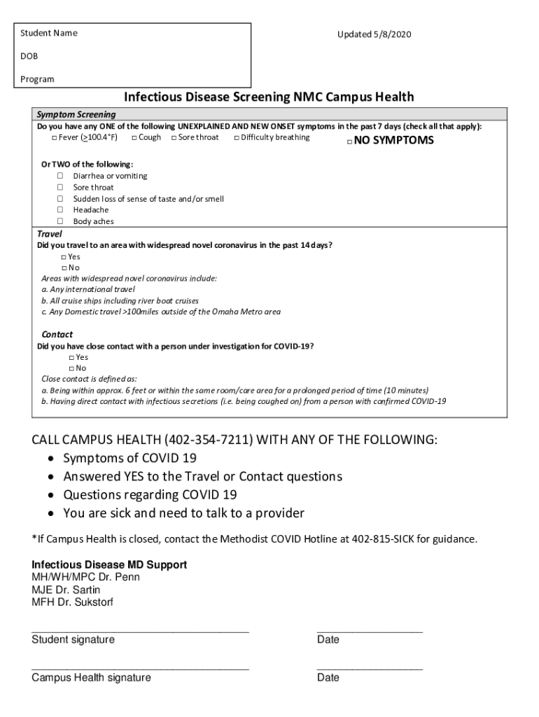 Fillable Online Infectious Disease Screening NMC Campus Health Fax ...