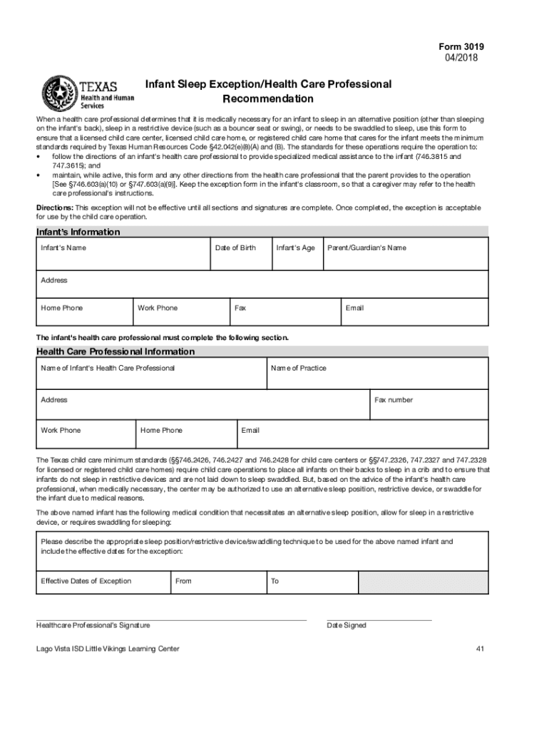 Fillable Online Form 3019, Infant Sleep Exception/Health Care ...