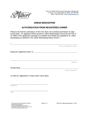Fillable Online URBAN BEEKEEPING AUTHORIZATION FROM ... Fax Email Print ...