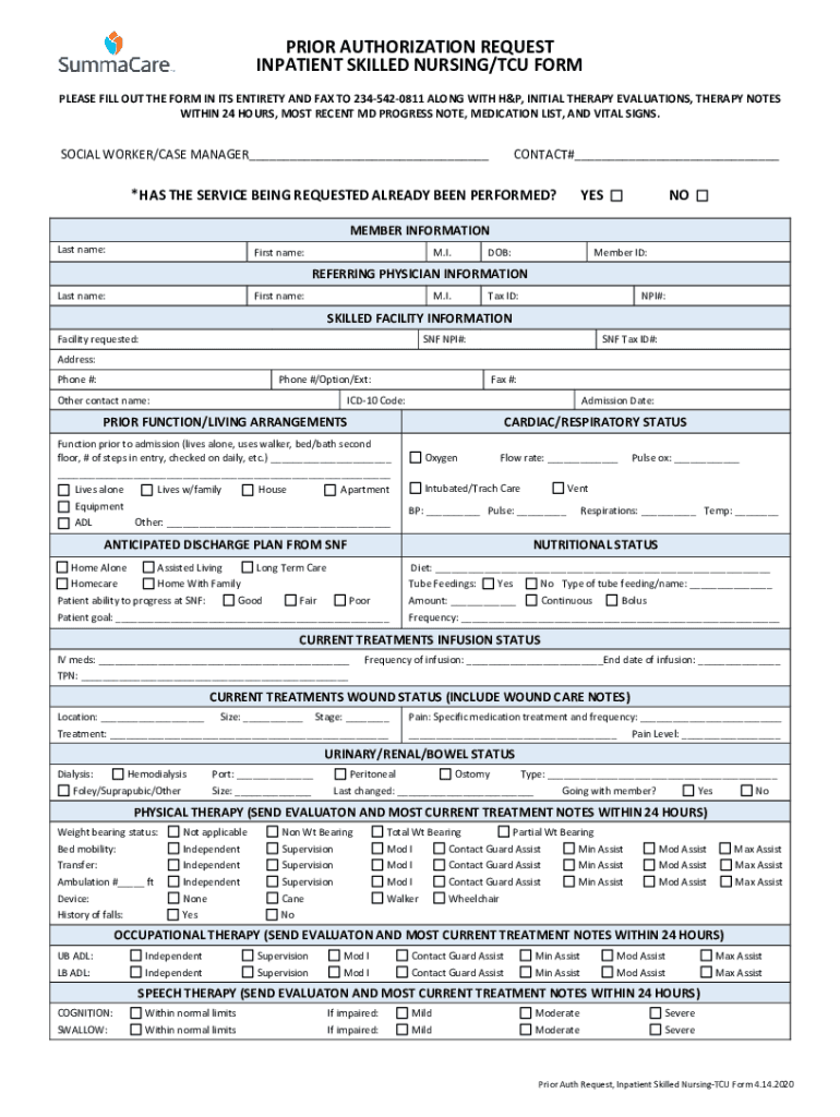 Fillable Online PRIOR AUTHORIZATION REQUEST INPATIENT SKILLED ... Fax ...