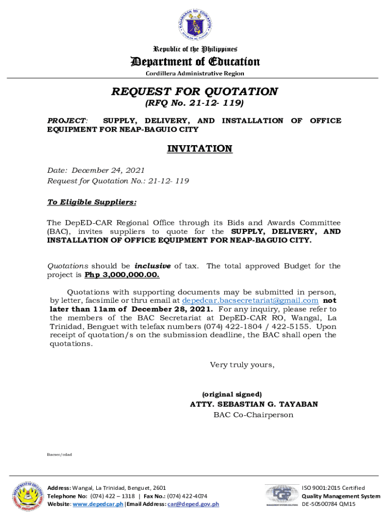 Fillable Online Request for Quotation - Bataan Peninsula State University Fax Email Print ...