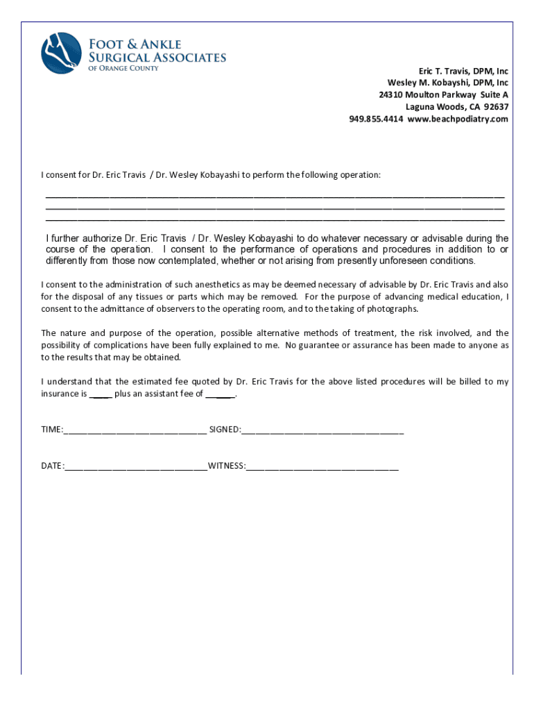 Fillable Online Dr. Eric Travis, DPM - Podiatry Specialist in Laguna ...