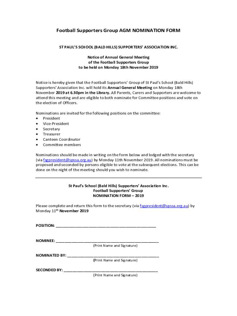 Fillable Online Football Supporters Group AGM NOMINATION FORMSt ... Fax ...
