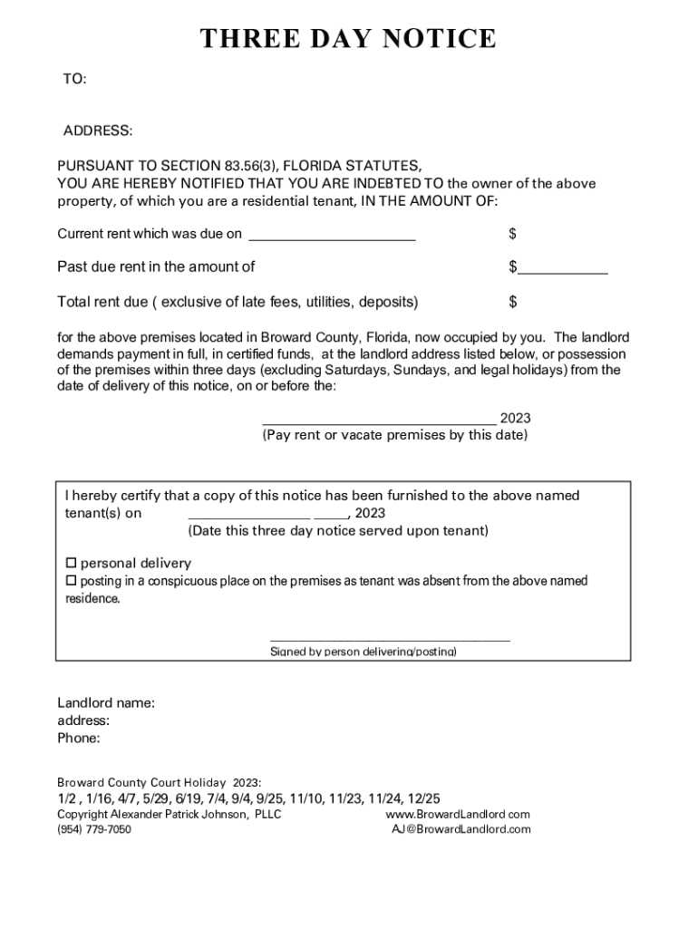Fillable Online THREE DAY NOTICE - Squarespace Fax Email Print - pdfFiller