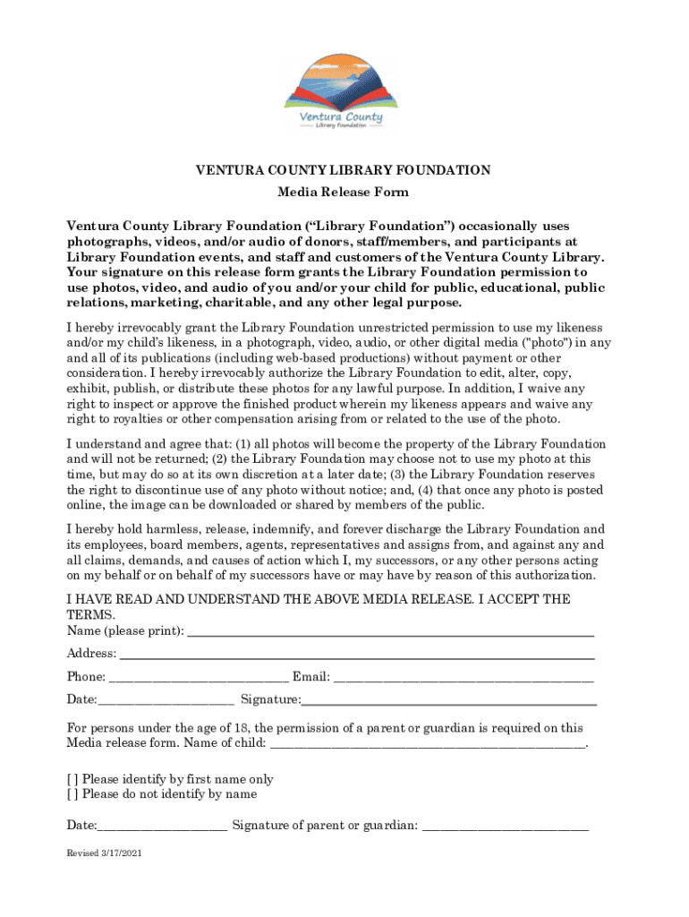 Fillable Online VENTURA COUNTY LIBRARY FOUNDATION Media Release Form ...