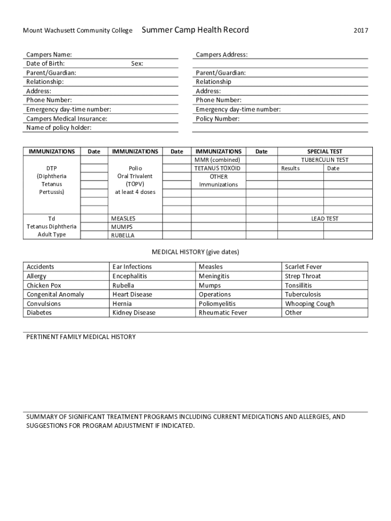 Fillable Online Mount Wachusett Community College Summer Camp Health Record Fax Email Print ...