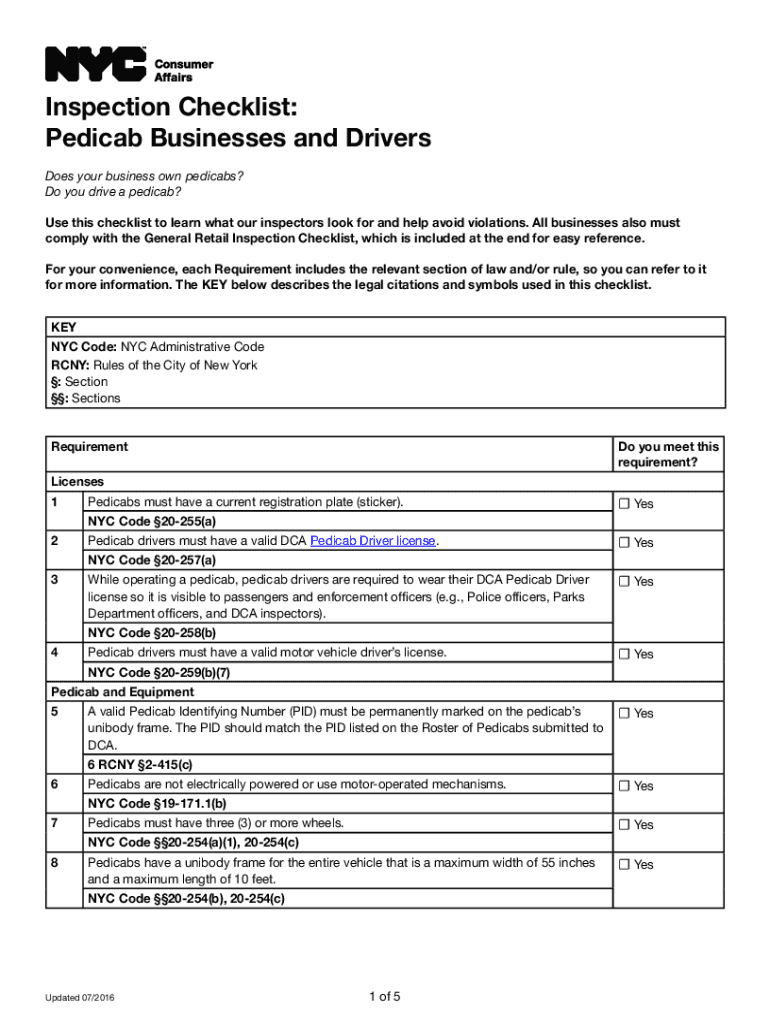 Fillable Online Fillable Online Inspection Checklist: Pedicab ...