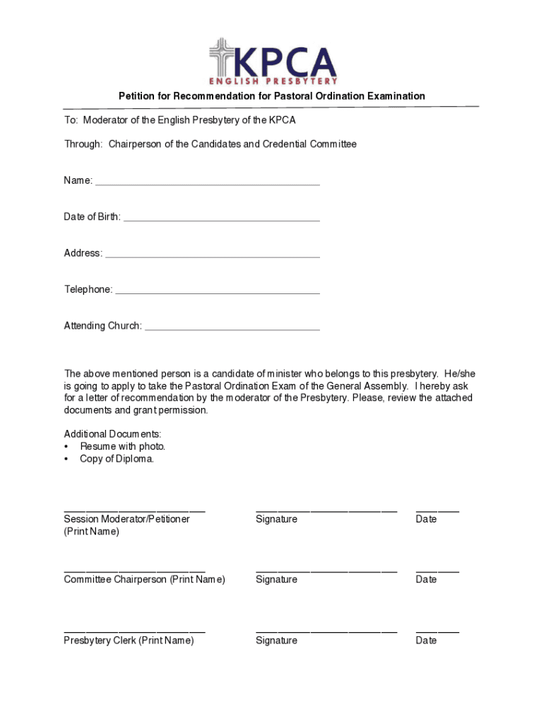 Fillable Online Petition for Recommendation for Pastoral Ordination Examination To ... Fax Email ...