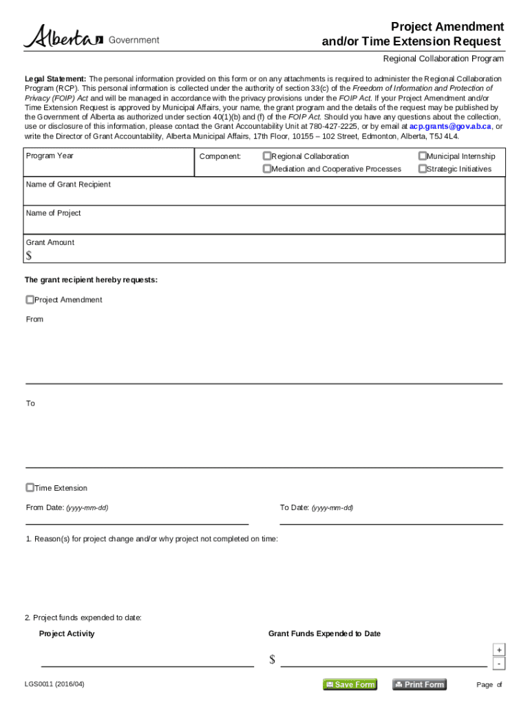 Fillable Online Regional Collaboration Program - Project Amendment and/or Time Extension Request ...