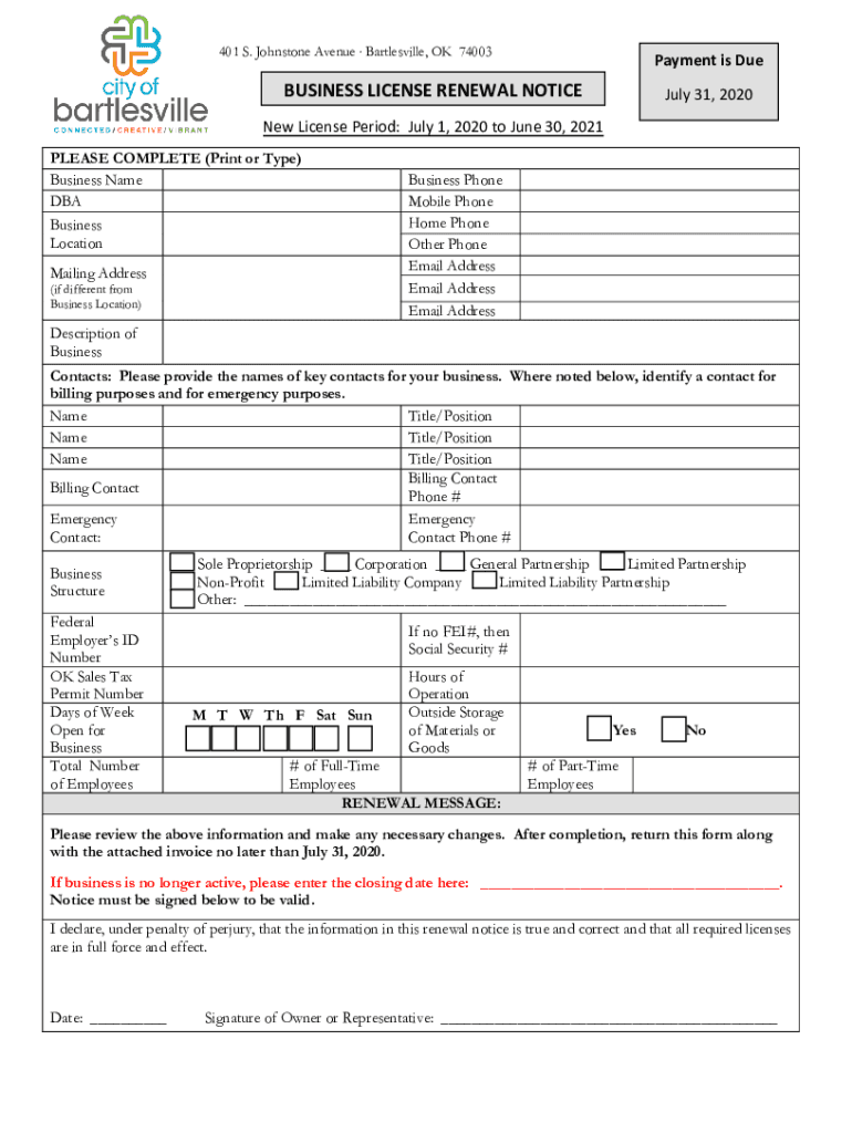 Fillable Online BUSINESS LICENSE RENEWAL NOTICE - City of Bartlesville ...