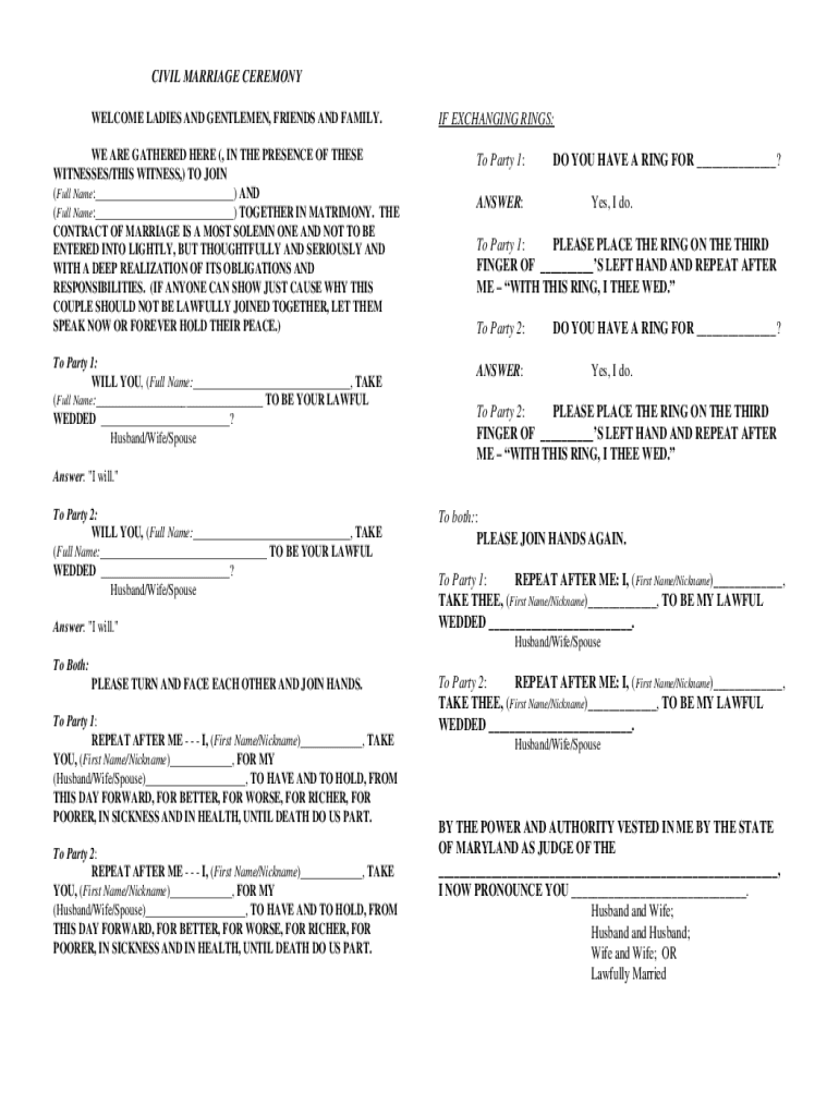 Fillable Online Civil Marriage Ceremony, form no. 1670 - Grey Highlands ...