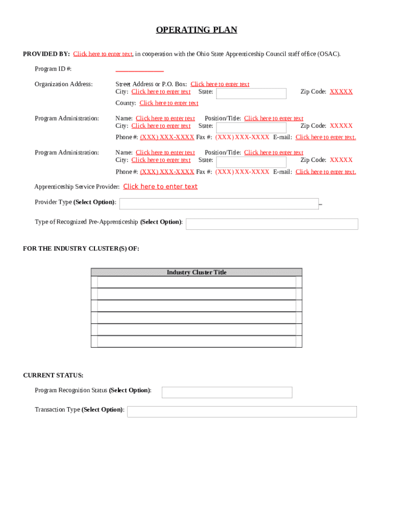 Operating Plan Template - Apprentice Ohio Doc Template | pdfFiller