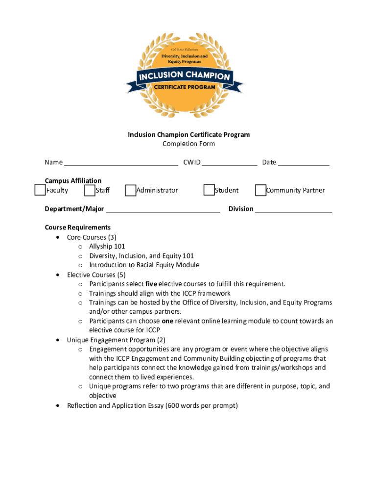 Fillable Online hr fullerton Inclusive Champion Certificate: Corporate College - Tri-C Fax Email ...