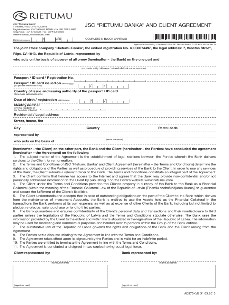 Fillable Online (PDF) JSC RIETUMU BANKA AND CLIENT AGREEMENT ... Fax Email Print - pdfFiller