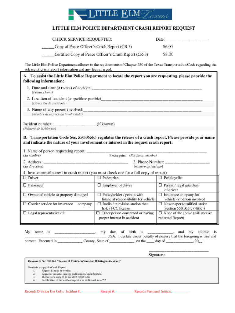 Fillable Online LITTLE ELM POLICE DEPARTMENT CRASH REPORT REQUEST ...