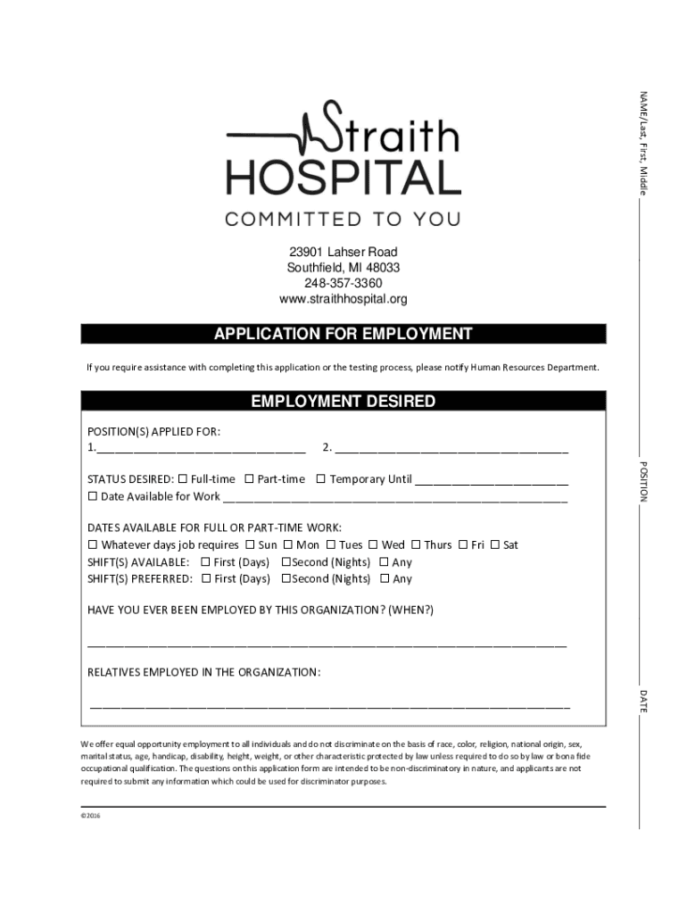 Fillable Online APPLICATION FOR EMPLOYMENT ... - Straith Hospital Fax ...