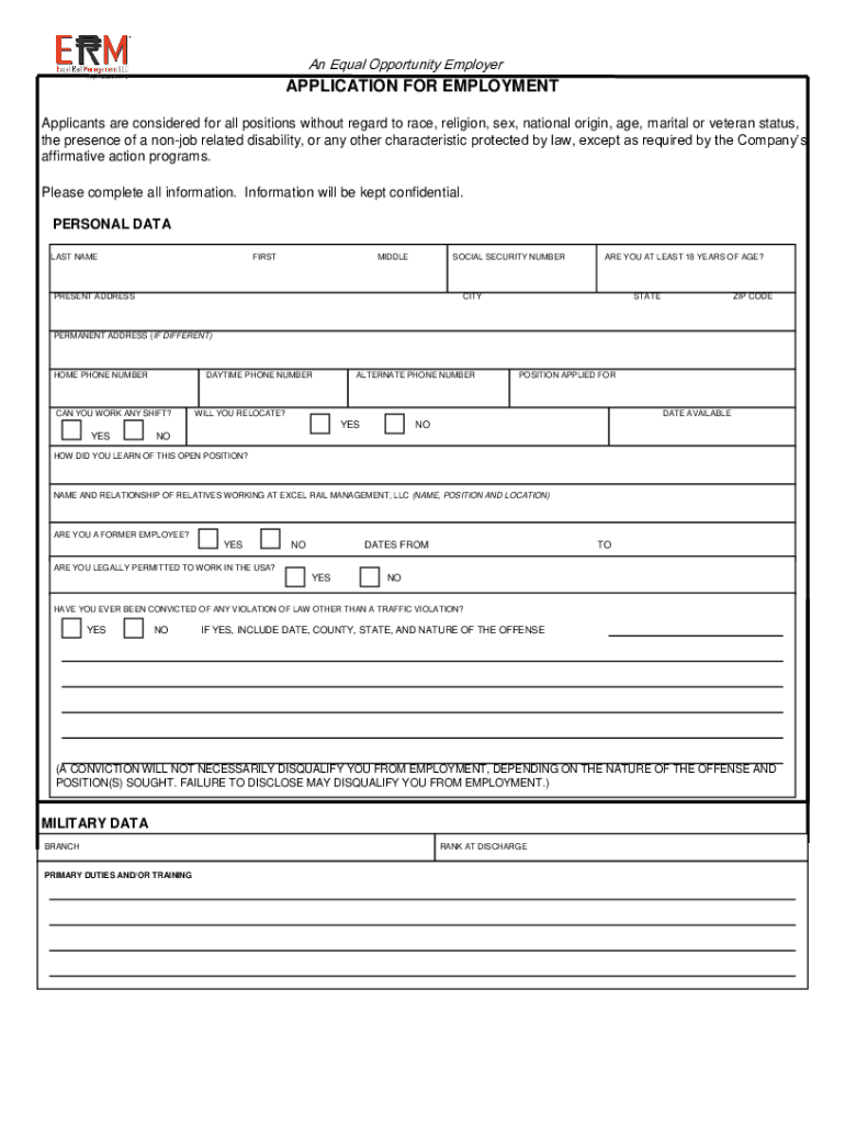 Fillable Online An Equal Opportunity Employer - Excel Rail Management ...