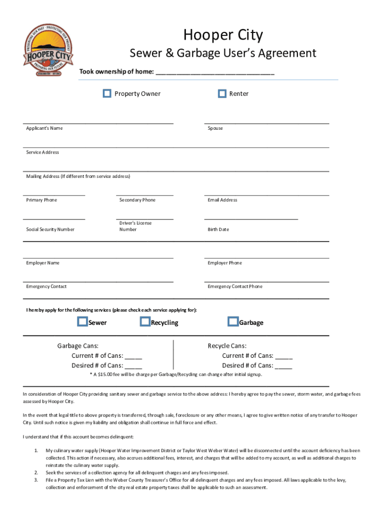 Fillable Online Sewer & Garbage Agreement FormHooper City, Utah Fax ...