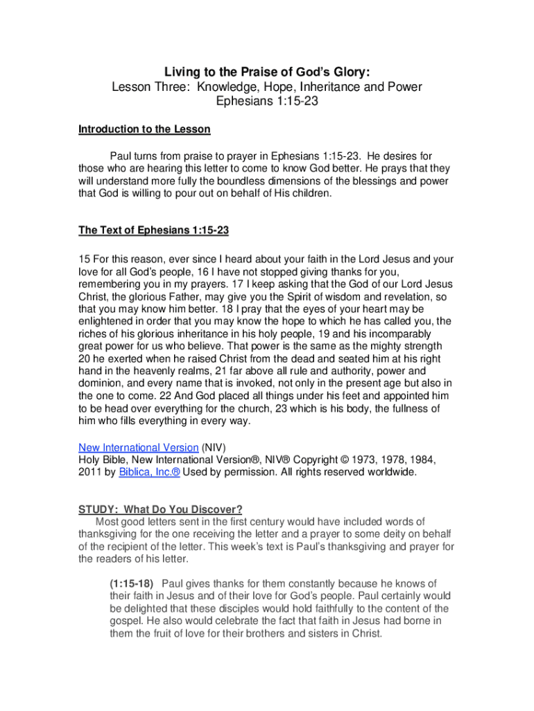 Fillable Online Lesson 3 Paul's First Prayer For The Ephesians Eph. 1: ...