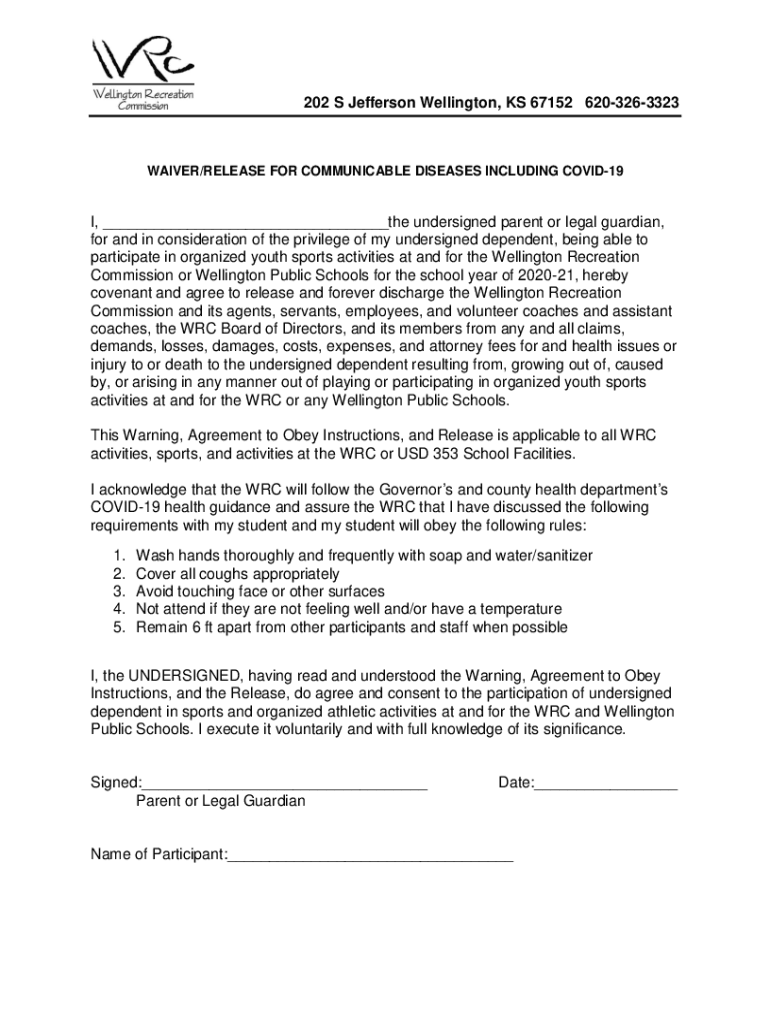 Fillable Online Waiver/Release for Communicable Diseases Including COVID ... Fax Email Print ...