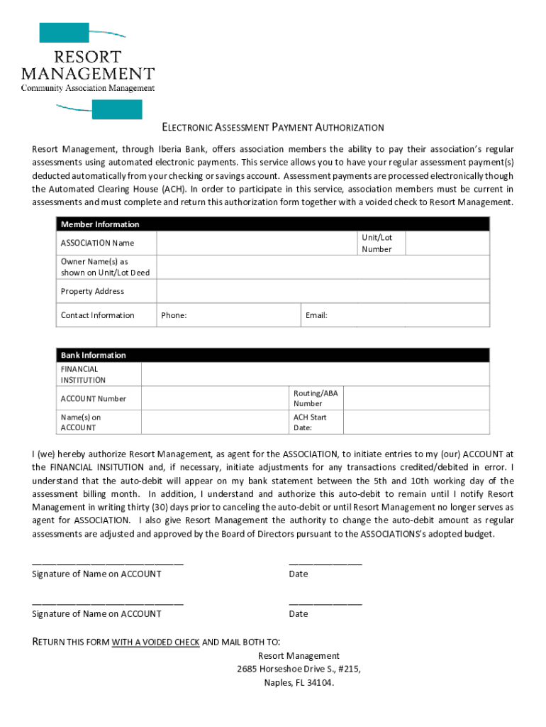 Fillable Online ELECTRONIC ASSESSMENT PAYMENT AUTHORIZATION Resort ...