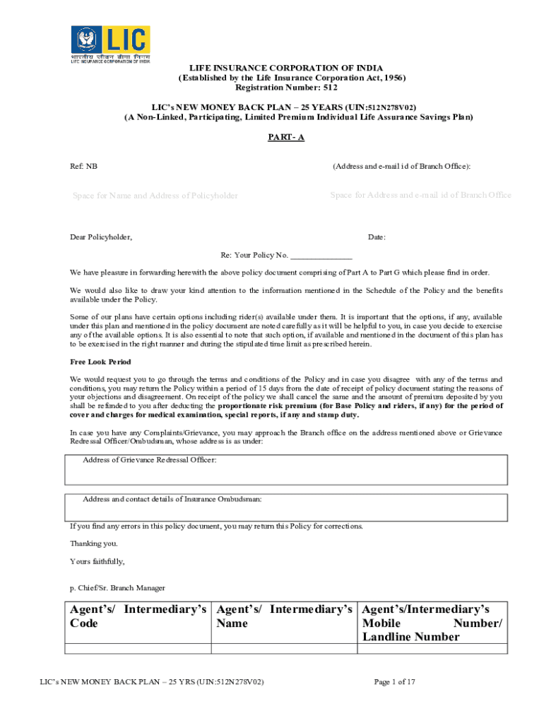 Fillable Online LIC's New Money Back Plan - 25 Years (Plan No. 921, UIN No ... Fax Email Print ...